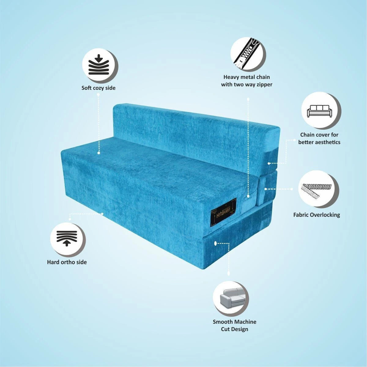 Seventh Heaven Sky Blue Morphino Fabric 6×5 Sofa cum Bed with 2 Cushion