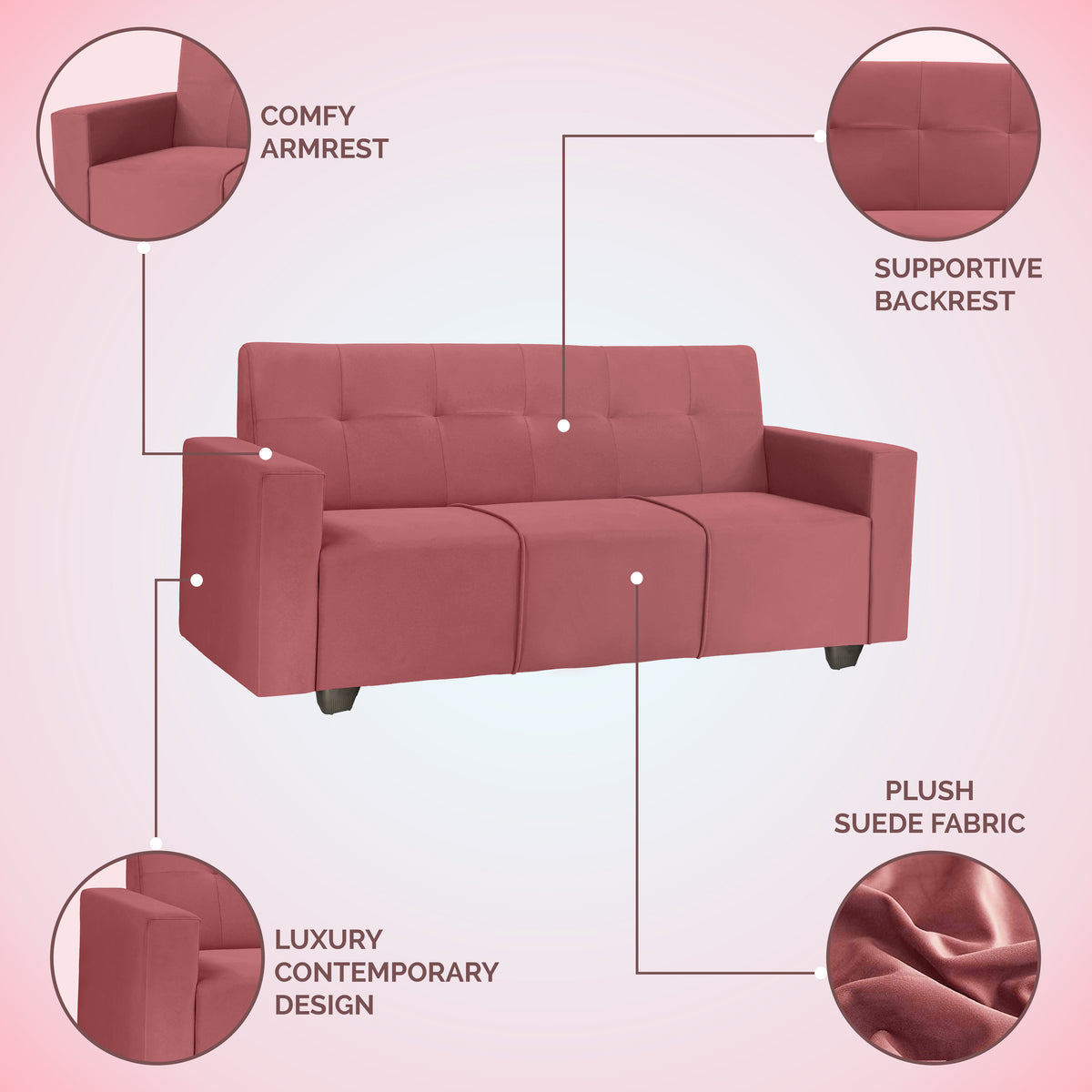 London 3 Seater Sofa- ( Plush Suede Fabric- Peach )