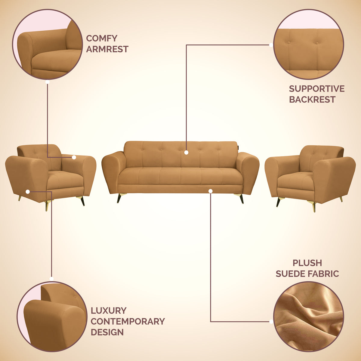Milan Icon (3+1+1) Seater Sofa Set- ( Plush Suede Fabric - Beige )