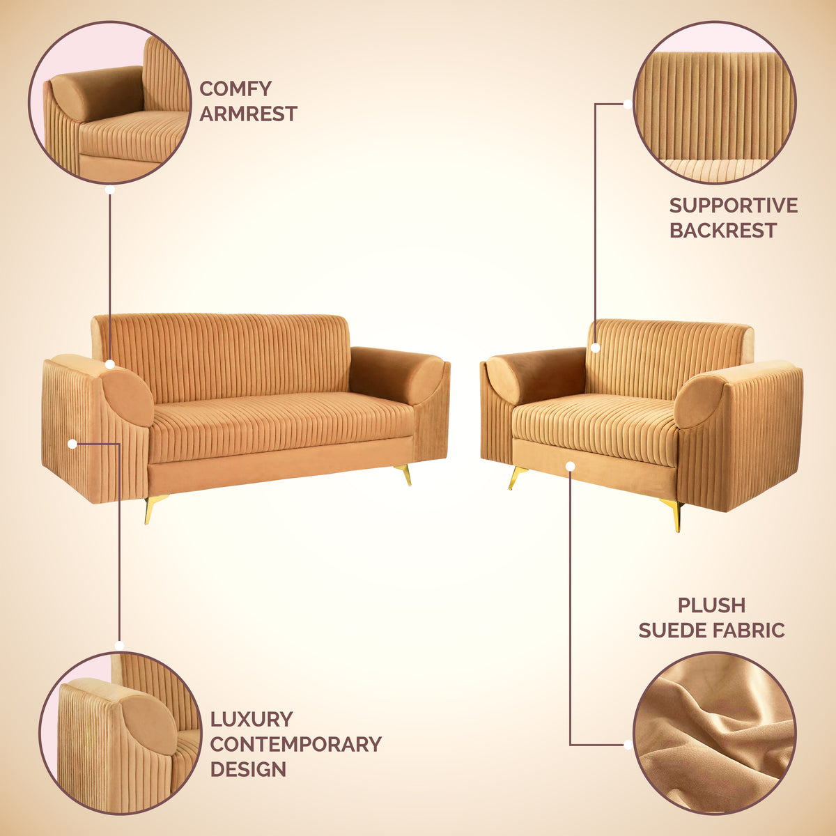 Venice (3+2) Seater Sofa Set- ( Plush Suede Fabric - Beige )