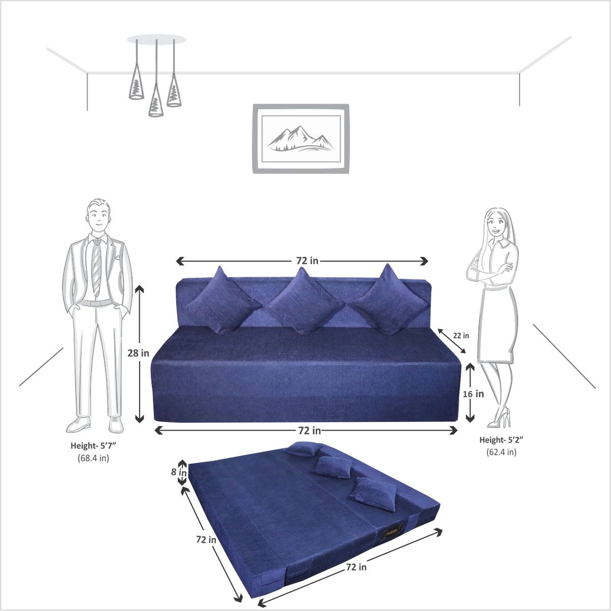 Seventh Heaven Blue Morphino Fabric 6×6 Sofa cum Bed with 3 Cushion