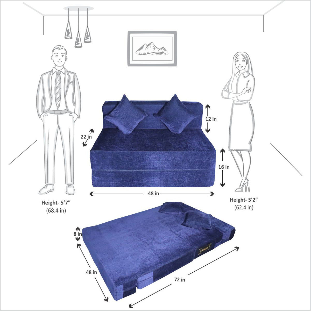 Seventh Heaven Blue Morphino Fabric 6×4 Sofa cum Bed with 2 Cushion