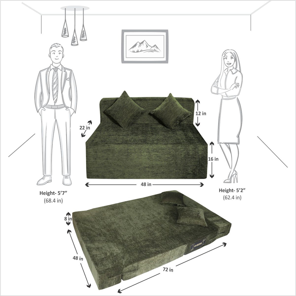 Seventh Heaven Emerald Green Morphino Fabric 6×4 Sofa cum Bed with 2 ...