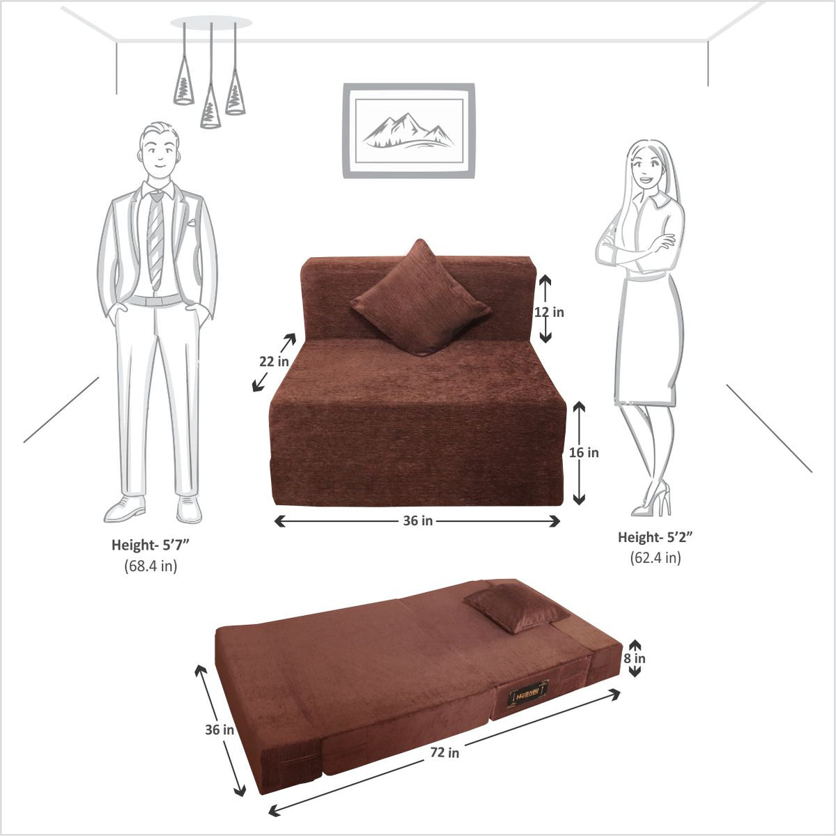 Seventh Heaven Brown Morphino Fabric 6×3 Sofa cum Bed with 1 Cushion